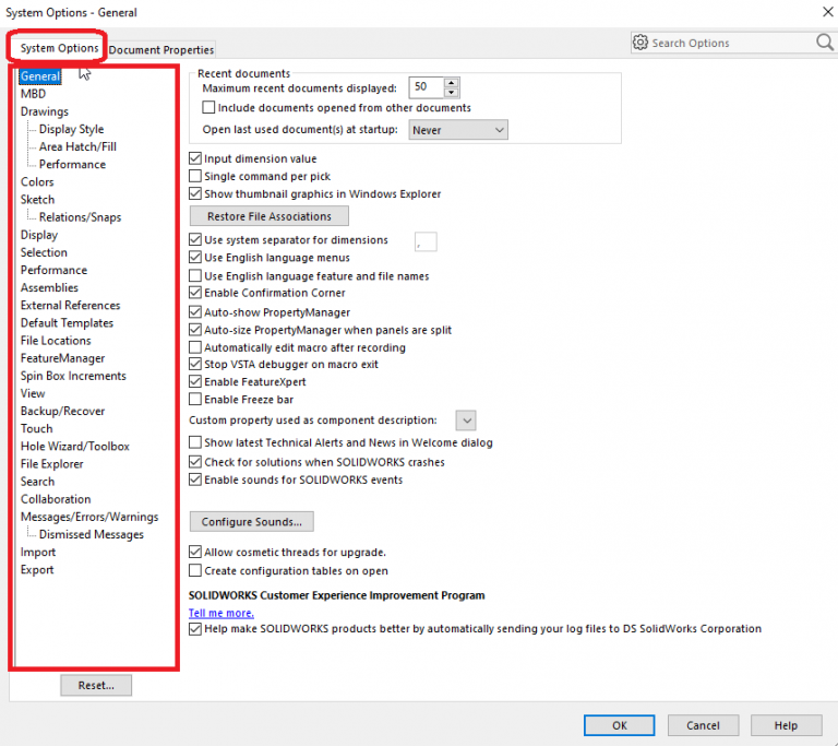 System options – Solidworks-koulutusta